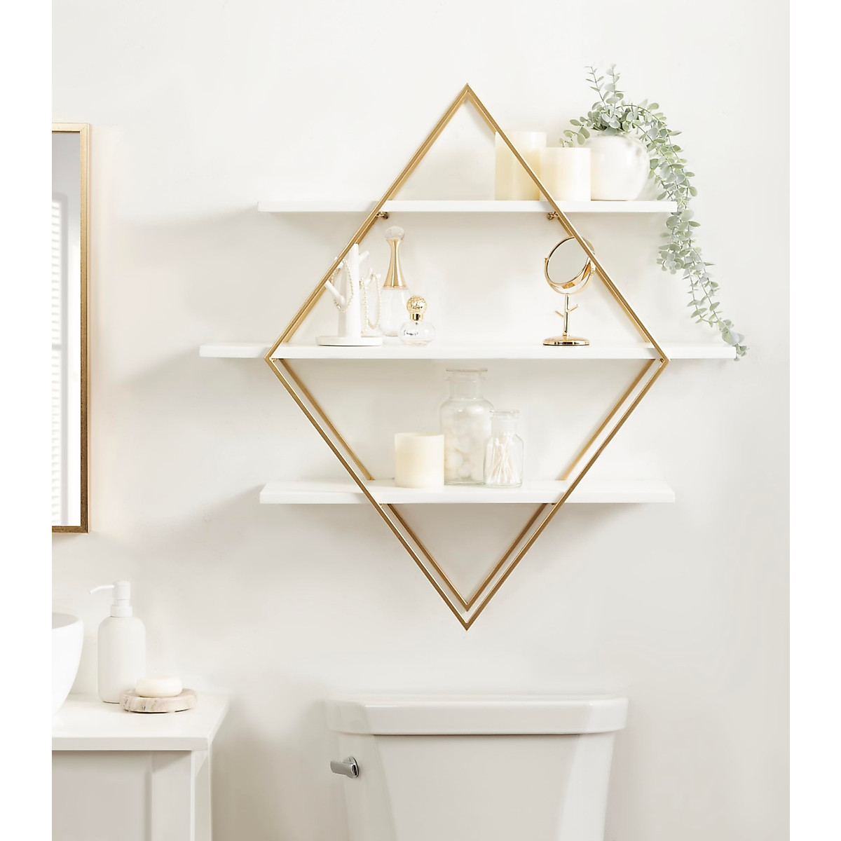 Kate and Laurel Daxton Modern Wood and Metal Diamond Wall Shelf, 31 x 8 x 31, White and Gold, Glam Geometric Wall Organization for Bathroom Storage or Living Room Display