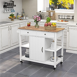 ChooChoo Kitchen Cart on Wheels with Wood Top, Utility Wood Kitchen Islands with Storage and Drawers, Easy Assembly - White