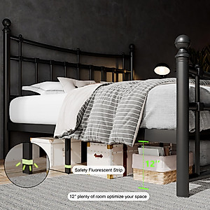 Feonase Queen Size Metal Bed Frame with Modern Iron-Art Headboard & Footboard, Platform Bed Frame with 12" Storage Space, Hardened Steel Slats, No Box Spring Needed, Black