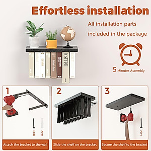 Tohiasen Floating Book Shelves for Wall Mounted Set of 2, Wood Hanging Bookshelf, Book Display Shelf for Wall, Unique Space Saving Book Shelf Wall Book Holder(Black)