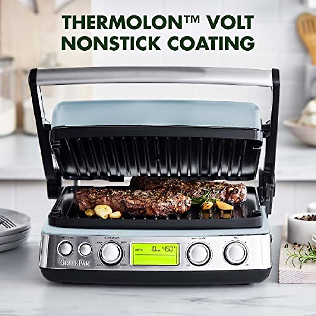 GreenPan Elite 7-in-1 Multi-Function Contact Grill & Griddle, Healthy Ceramic Nonstick Aluminum, Two Sets of Grill & Waffle Plates, Adjustable Shade & Shear, Closed Press/Open Flat Surface, Blue Haze