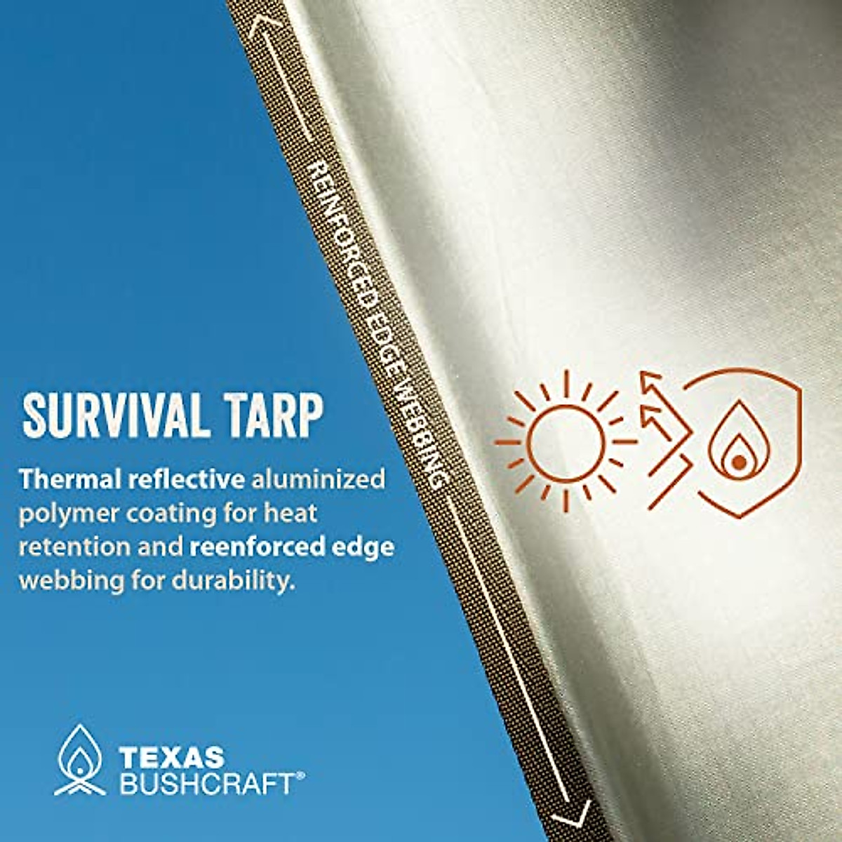 Texas Bushcraft Emergency Camping Tarp, Waterproof 10x10 Emergency Shelter for Backpacking and Hiking, 70D Ripstop Nylon Survival Tarp with Reflective Aluminized Polymer and Loop Ties with Grommets