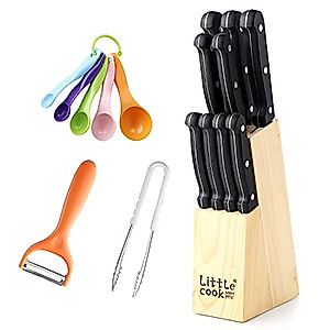 Knife Set, Little Cook 17 PCS Kitchen knife set, German Stainless Steel Chef Knife Set, Knife Sets for Kitchen with Block