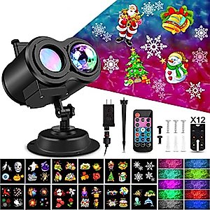 Halloween Christmas Projector Lights, Remote Control 2-in-1 Ocean Wave Snowflake LED Projector with 12 Slides 10 Colors, Waterproof Indoor Outdoor Lights for Holiday Party Garden Landscape Decorations