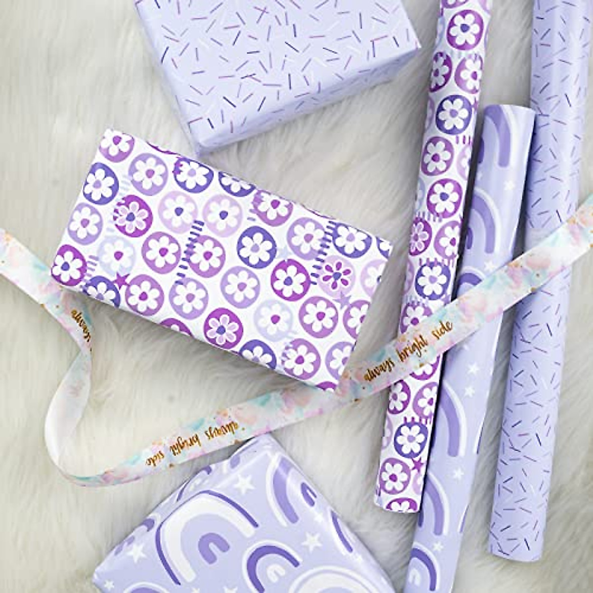 LeZakaa Purple Gift Wrapping Paper - Mini Roll - Flower Ball/Colorful Strip/Arch Print for Gift Wrap, Arts Crafts - 17 x 120 inches - 3 Rolls (43.77 sq.ft.ttl.)