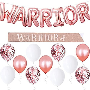 Tihuprly Survivor Cancer Free Party Decorations Included Rose Gold "WARRIOR" Foil Balloons + 20 Latex Balloons +1 Rose Gold Glitter " WARRIOR" Sash - Beat Cancer Breast Cancer Protection Banner
