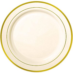 Elegant Premium White Plastic Plates with Prismatic Gold Border - 12" (Pack of 10), Durable & Stylish - Ideal for Upscale Events & Parties