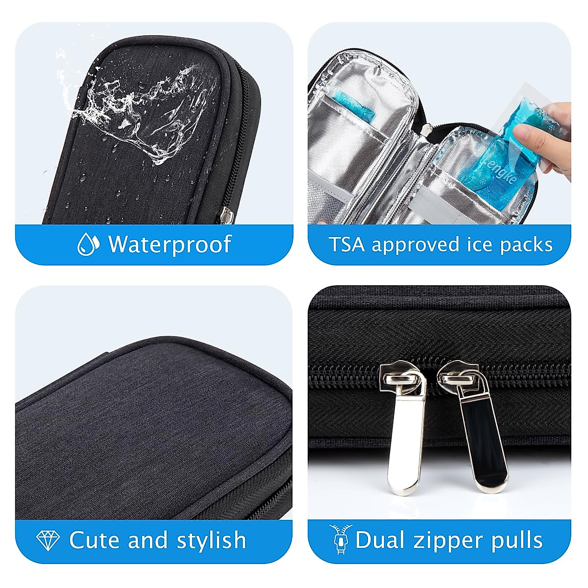 YOUSHARES Insulin Cooler Travel Case - Diabetic Case Insulated Organizer Portable Cooling Bag for Insulin Pen and Medication Diabetic Care Supplies with 2 TSA Approved Ice Pack (Black)