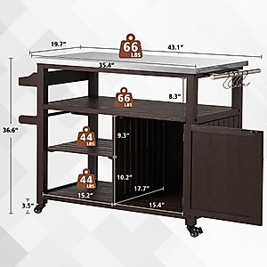 AHB Outdoor Grill Table Solid Wood Storage Cabinet, Rolling Kitchen Island, Movable Bar Cart with Stainless Steel Top for Outside Patio, Backyard, Garden (Brown)