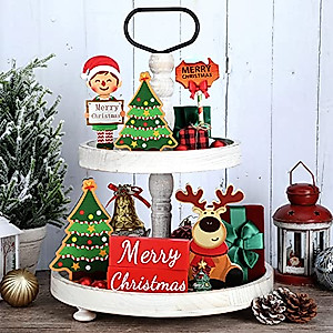 7 Pcs Christmas Tiered Tray Decor, Farmhouse Rustic Christmas Indoor Decorations Wooden Tiered Tray Xmas Tree Reindeer Elf Guidepost Merry Christmas Signs Set for Table Mantle Holiday Decor