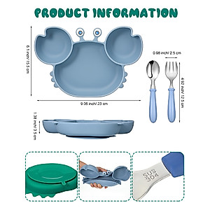 Maxdot 9 Pcs Baby Silicone Plates with Suction Divided Placemat Dish with Spoon Fork Set Toddler Plates Baby Plates and Utensils Set Kids Self Feeding Training Supplies, Dinosaurs, Crab, Hippo