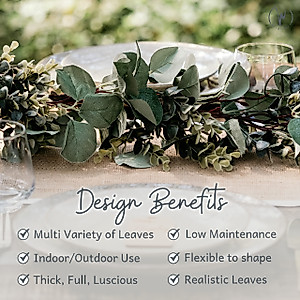 WildIvory Eucalyptus Garland - Lush, Natural Looking Artificial Faux Greenery Garland Vine for Wedding Decor, Table Runner, Mantle. Abundant Textured Boxwood, Silver Dollar Eucalyptus Leaves