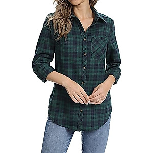 Fuinloth Women's Flannel Button Down Shirt, Plaid Long Sleeve Pure Cotton with Pocket 1 Dark Green Large