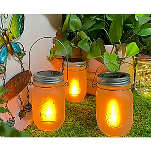 Solar Mason Jar Flame Lantern Lights ,4 Pack LED Flickering Flame Effect Light,Solar Lanterns for Outdoor Patio Party Garden Wedding Christmas Decor Lights(Mason Jars/Handles Included)