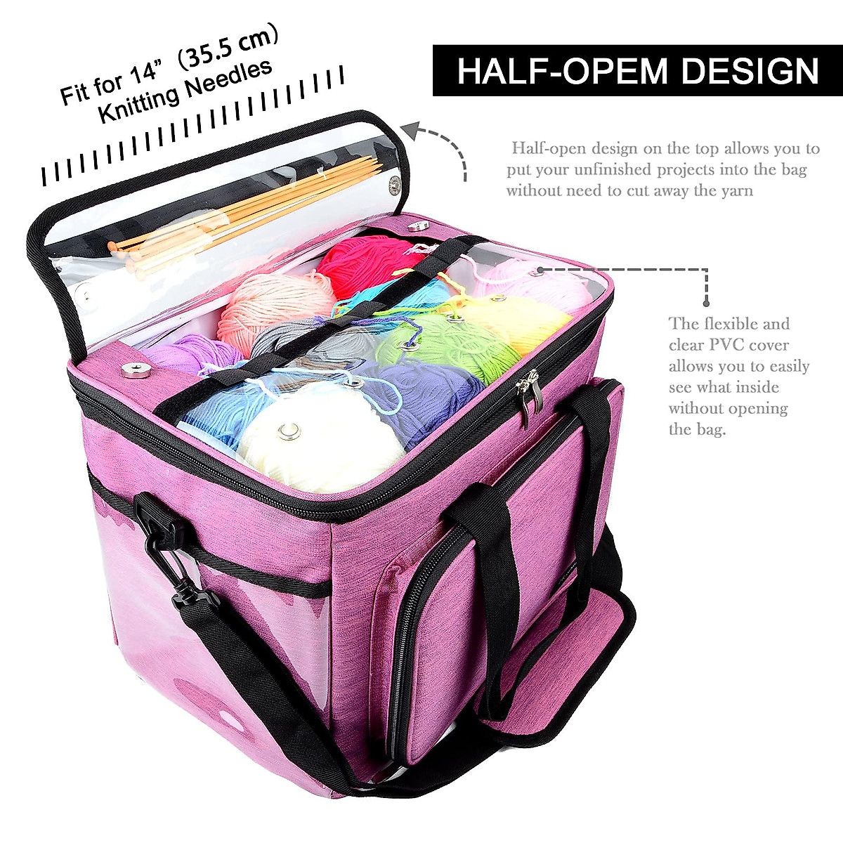 Hoshin Knitting Bag for Yarn Storage, High Capacity Yarn Totes Organizer with Inner Divider Portable for Carrying Project, Knitting Needles(up to 14”), Crochet Hooks, Skeins of Yarn (Purple)