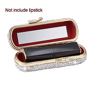 CALIDAKA Lipstick Case Holder with Mirror Crystal Lipstick Organizer for Travel Ladies Fashion Portable Glitter Shiny Diamonds Rhinestone Clip Holder Luxury Lip Gloss Makeup Storage Bag