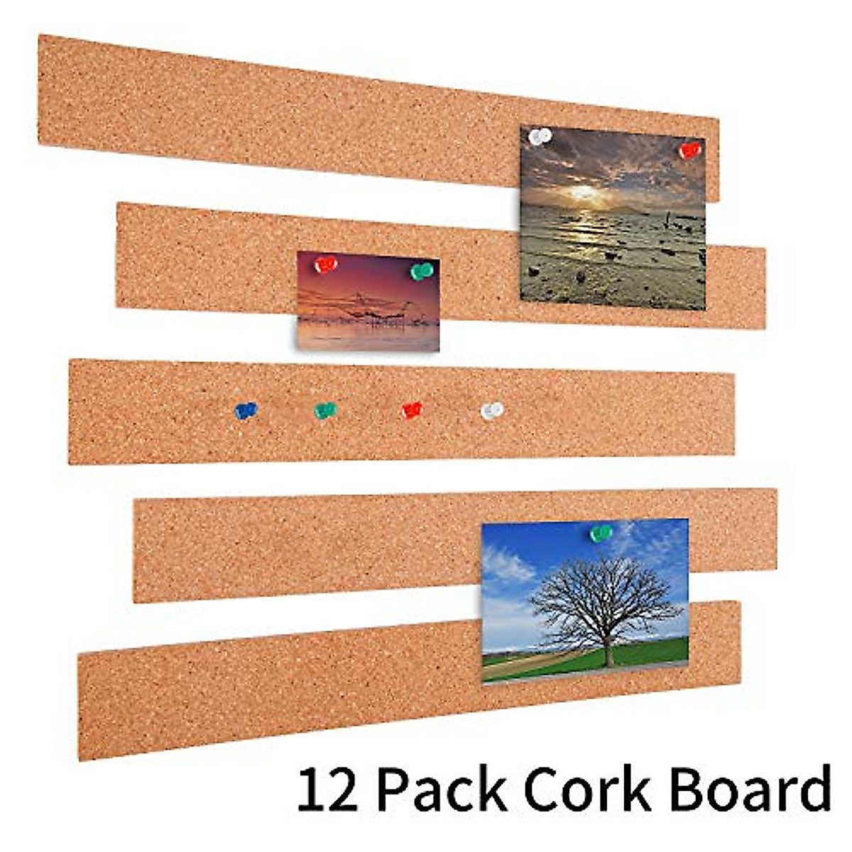 Cooraby 12 Pack Cork Strips 15 x 2 Inch Frameless Self-Adhesive Cork Board with 40 Pieces Cork Board Pins for Classroom Office
