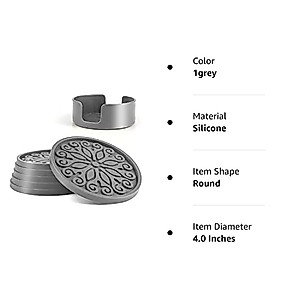 Qusum Coasters for Drinks,Resistant Reusable Silicone Coasters with Holder,Set of 6 - Great Gift for Birthday, Housewarming, Room Decor, Holiday Party, Bar Coasters（Grey）, 1grey