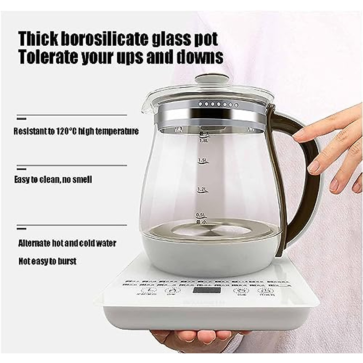 1.5L Intelligent Multifunctional Health Pot Home Electric Kettle Electric Teapot Glass Teapot Water Heater High Borosilicate Glass Pot Body Precision Temperature Control Stainless Steel A,1.8L (Color