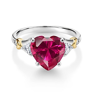 Gem Stone King 925 Sterling Silver and 10K Yellow Gold Customized and Personalized 10MM Heart Shape and 3.5MM Trillion Cut Gemstone Birthstone and White Diamond 3-Stone Ring For Women (Size 7)