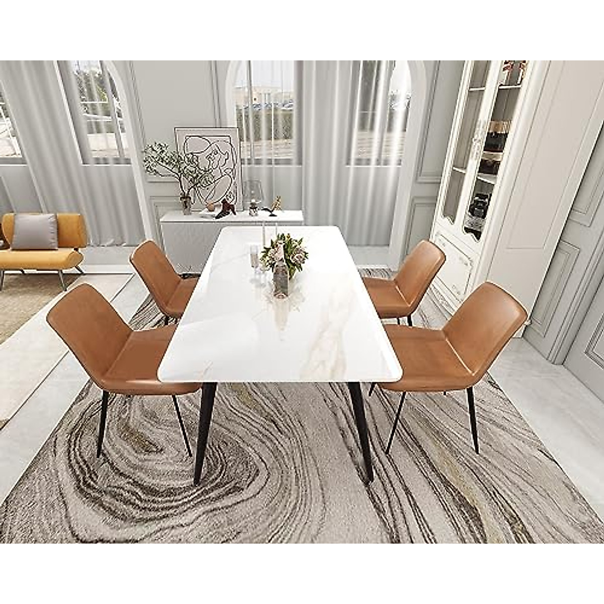 AmoUnico White Dining Table, Rectangular 63" Kitchen Table with Marble Sintered Stone Table Top and Metal Legs, Modern Dining Room Table for 6, Slate Dinner Table for Living Room or Office, Table Only