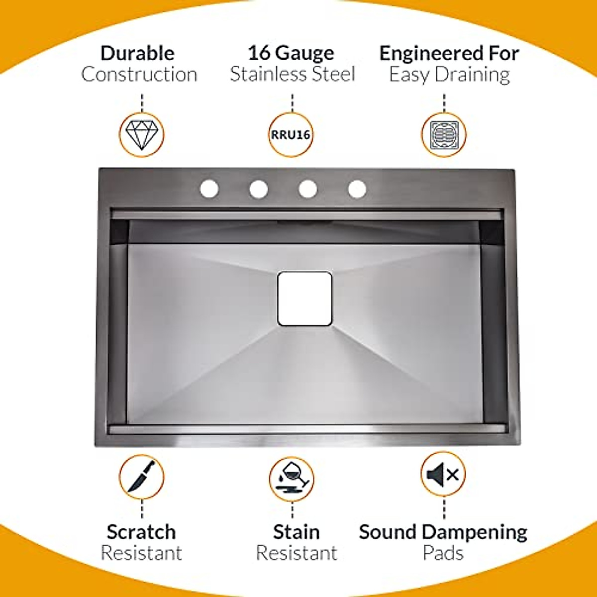 Strictly Sinks 33” Topmount Kitchen Workstation Sink-Gunmetal Black Single Bowl 16 Gauge Stainless Steel Drop In Sink, Acrylic Cutting Board,Cutting Board with Strainer Bowl & Bottom Protector Grid