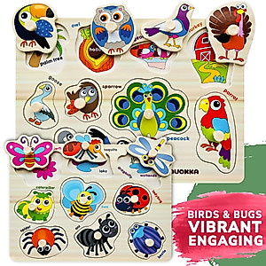 QUOKKA Wooden Puzzles for Toddlers Ages 1-3-5 in a Bag – Alphabet Learning Kids Puzzle 2-4 Year Old – Educational Wood Travel Toy with ABC Numbers Letters Animals – Gift Game for Boys and Girls