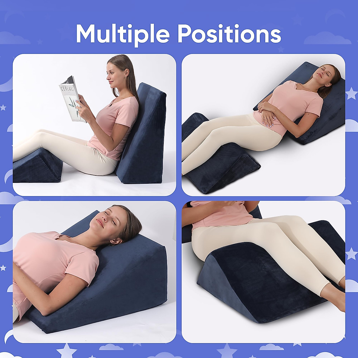 Bed Wedge Pillow – 2 Separate Memory Foam Incline Cushions, System for Legs, Knees and Back Support Pillow | Acid Reflux, Anti Snoring, Heartburn, Reading – Machine Washable, Navy