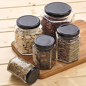 Woaiwo-q 6 oz Hexagon Glass Honey Jars, Glass Jars with Black Lids,Bronzy Bee Pendants,Wooden Honey Sticks,Small Tags,1.5m Jute Twine -Clear Hexagon Jars for Honey,Jams, Liquid.(25 Pcs)…