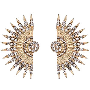 Gold Tone Art Deco Antique Vintage Style Flapper Fan Wings Rhinestone Wedding Bridal Prom Statement Earrings
