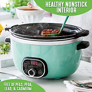 6-Quart Nonstick Electric Slow Cooker - Programmable Ceramic Slow Cookers with Digital Timer, Removable Lid and Pot, Dishwasher Safe Parts, Turquoise