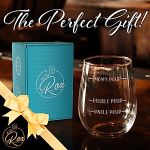 On The Rox Drinks Wine Gifts for Mom- 17Oz “Single Pour, Double Pour, Mom’s Pour” Engraved Stemless Wine Glass - Funny Birthday, Mother’s Day Gifts for Mothers - Fun Mother Glasses