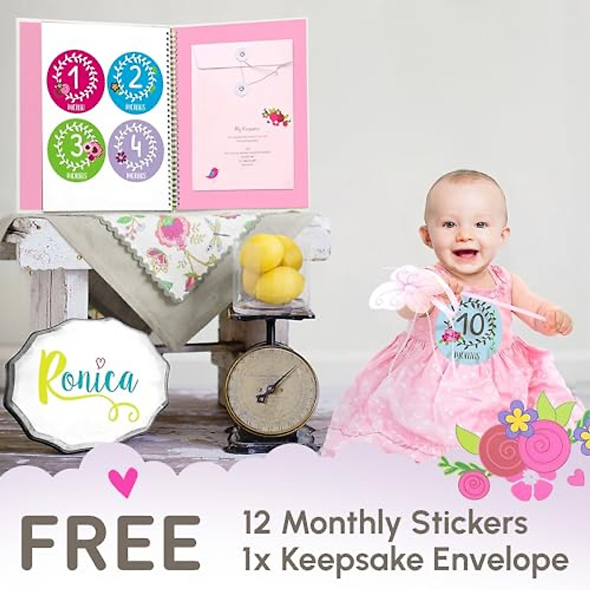 Ronica Memory Book for Baby Girl - Photo Album, Easy to Use Keepsake Scrapbook - Modern Keepsake for New Parents to Record Photos & milestones