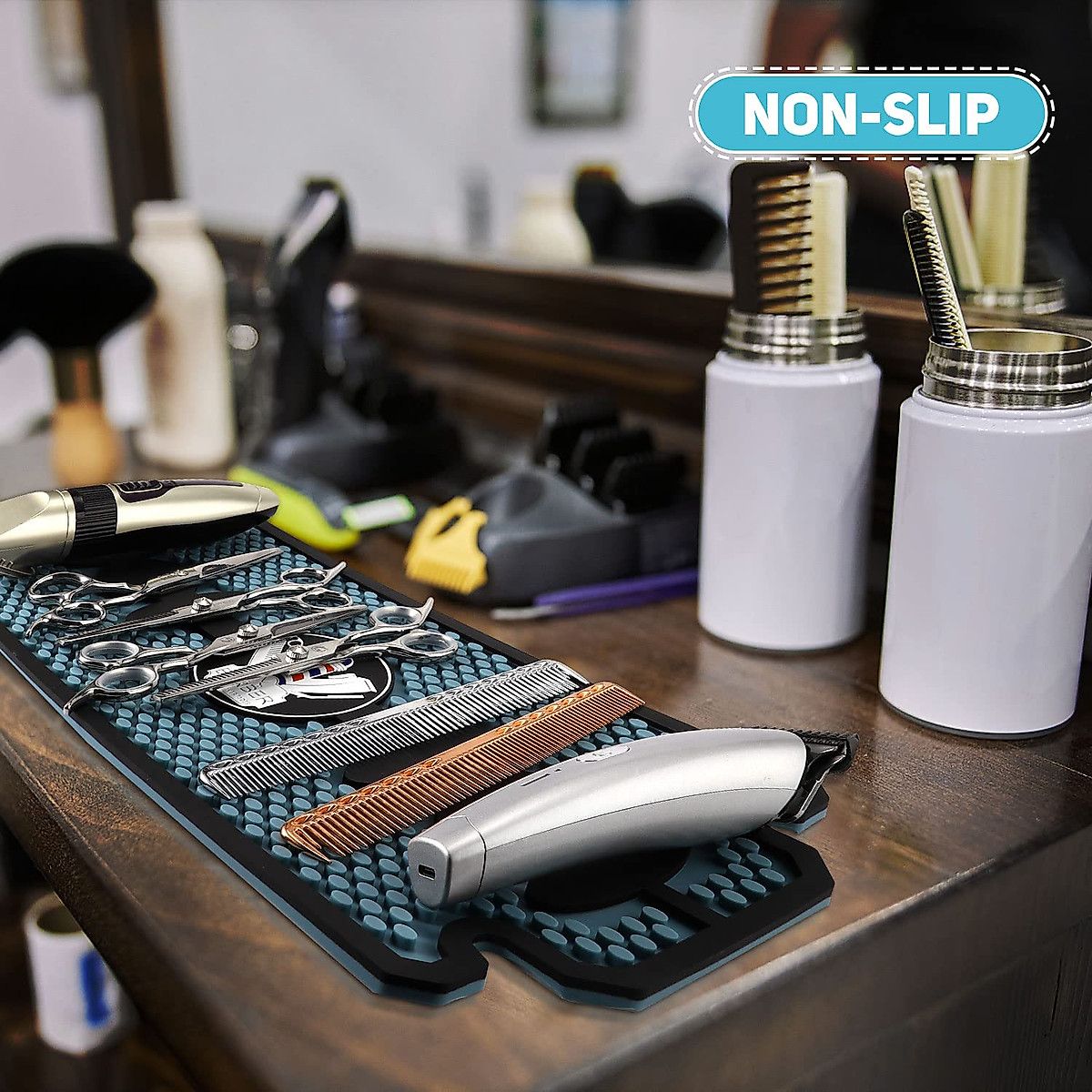 Noverlife Rubber Barber Station Mat, Heat Resistant Anti Slip Hair Salon Service Mat, Double Edge Countertop Protector Pad for Hair Styling Tools, Professional Flexible Mat for Clippers Salon Tools