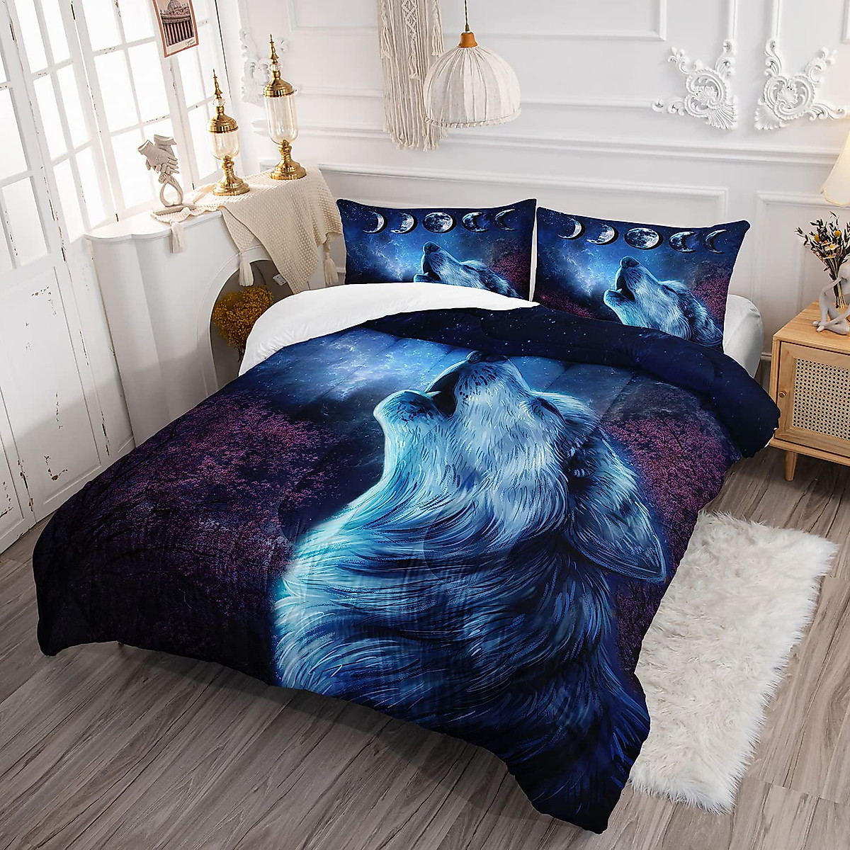 XYNHML Wolf Comforter Set Galaxy Night Moon Bedding Set 3Pcs Howling Wolf Down Lunar Eclipse Bed Set for Kids Teens Room Decor Wild Animals Comforter with 2 Pillowcases