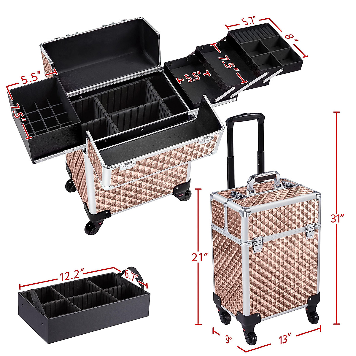 Yaheetech Rolling Makeup Train Case Professional Aluminum Cosmetic Case Large Storage Makeup Trolley with 4 Detachable Removable Wheels, 4 Trays and 1 Cubby with Sliding Rail - Holographic Gold
