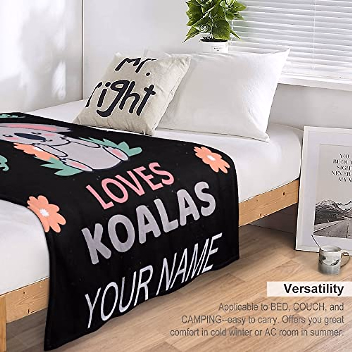 Personalized Koala Blanket with Name - Soft, Fuzzy & Warm - 50"x60" Throw Size Blanket for Bed, Couch, Sofa - Black Cute Throw Gifts for Girls, Boys