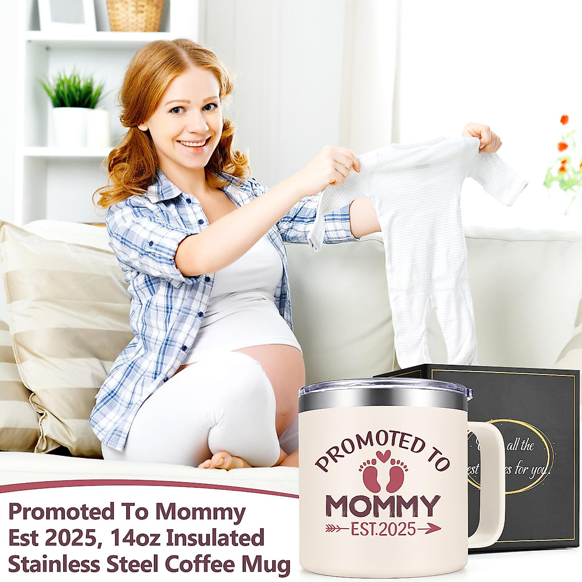 GINGPROUS 2025 New Mom Gifts, Promoted To Mommy Est 2025 Insulated Stainless Steel Coffee Mug, Mothers Day Gifts for New Mom To Be First Time Mama New Mother Mommy Pregnancy Baby Shower, 14oz