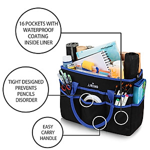 JJRING Large Multi-Functional Carrying Bag, 600D Nylon Artist Tote Bag with 16 Pockets Caddy for Art, Craft, Sewing, Make-up or School, Medical, Office Supplies Organizer, Blue