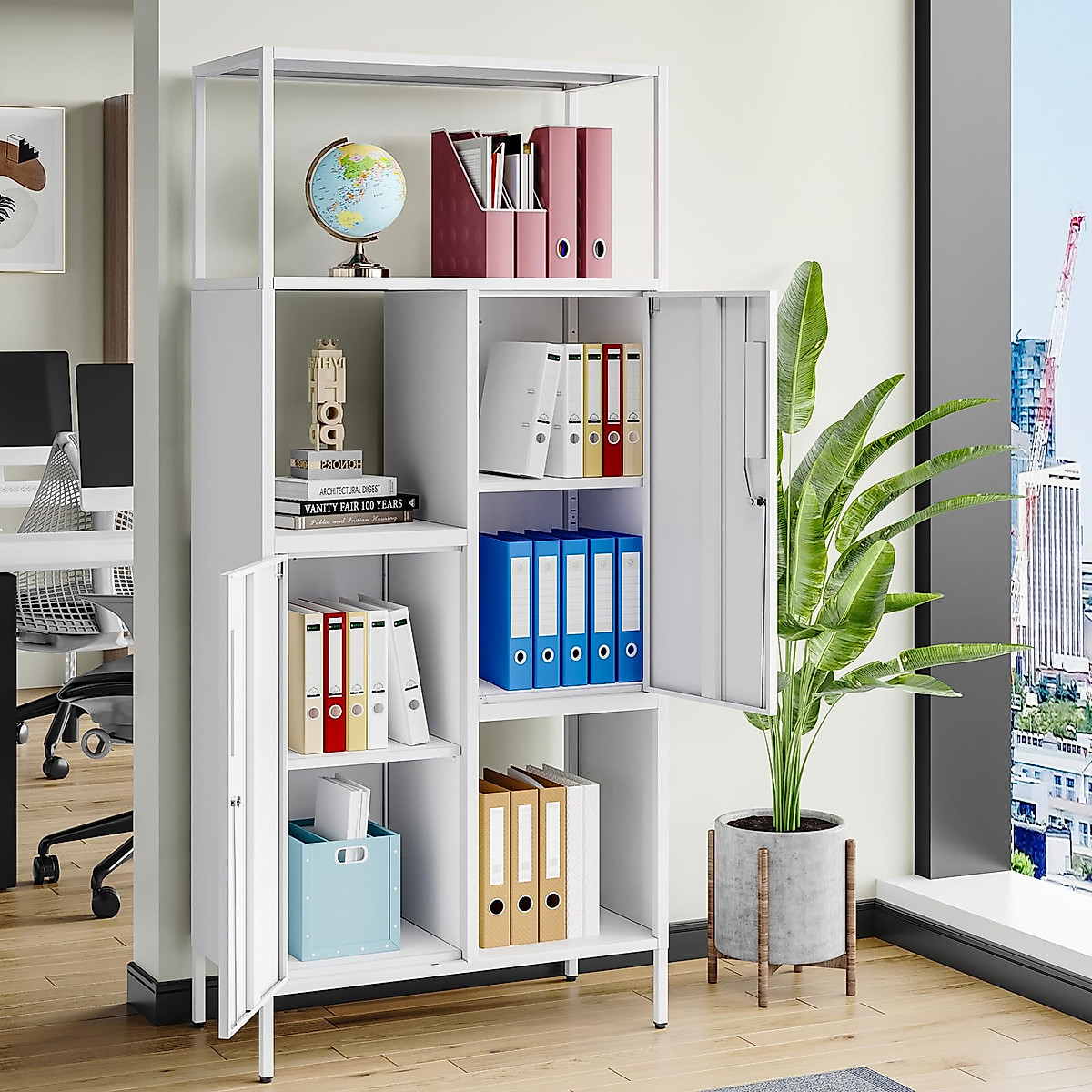 AFAIF Bookshelf with Doors, 71" H Tall Bookcase with Storage Shelves and Lock, Modern Open Shelf Bookcase, White Metal Bookcases with Storage Cabinet for Home Office, Bedroom, Living Room