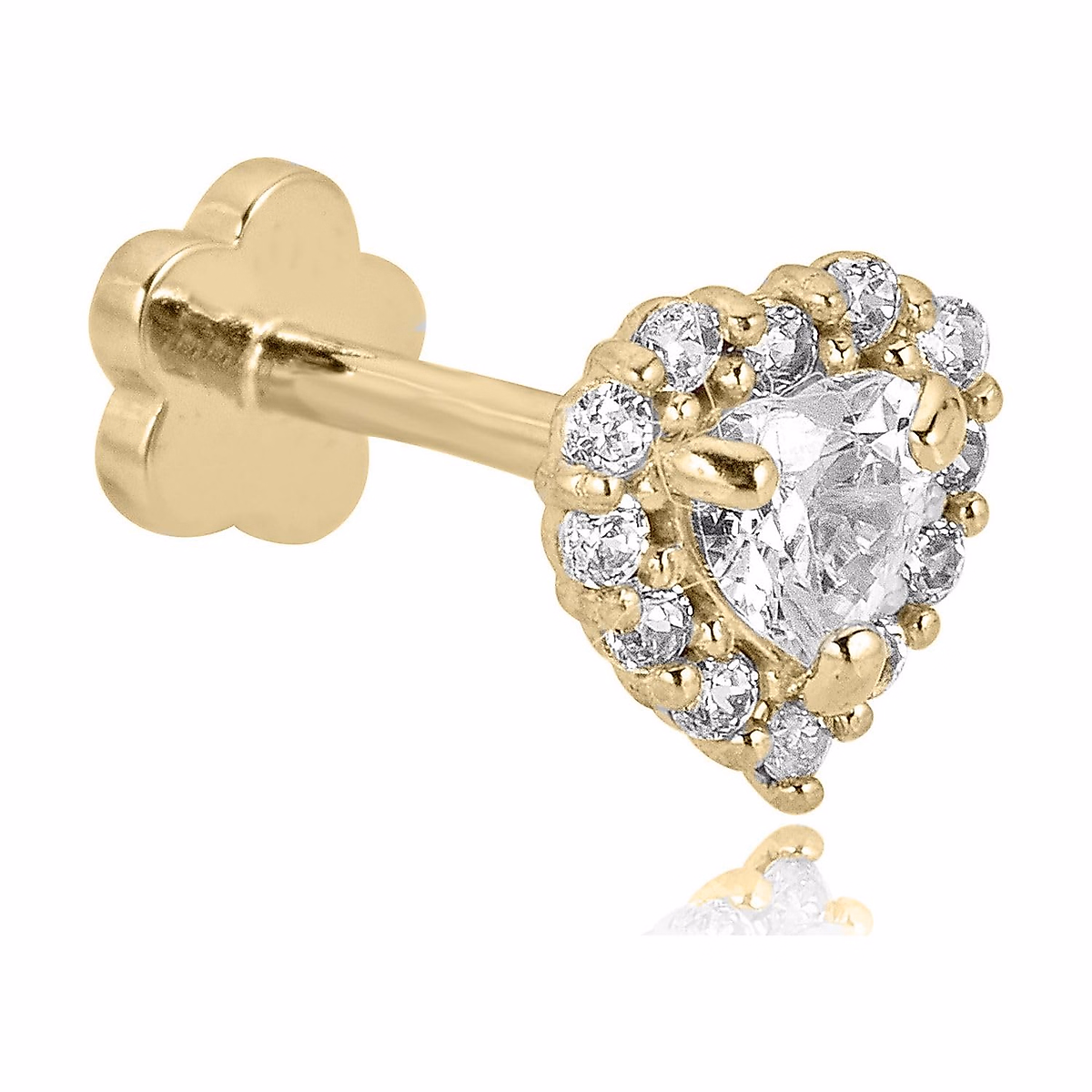 AVORA 14K Yellow Gold Heart-Shaped Simulated Diamond CZ Halo Cartilage Piercing Flat Back Earring Body Jewelry (18 Gauge)