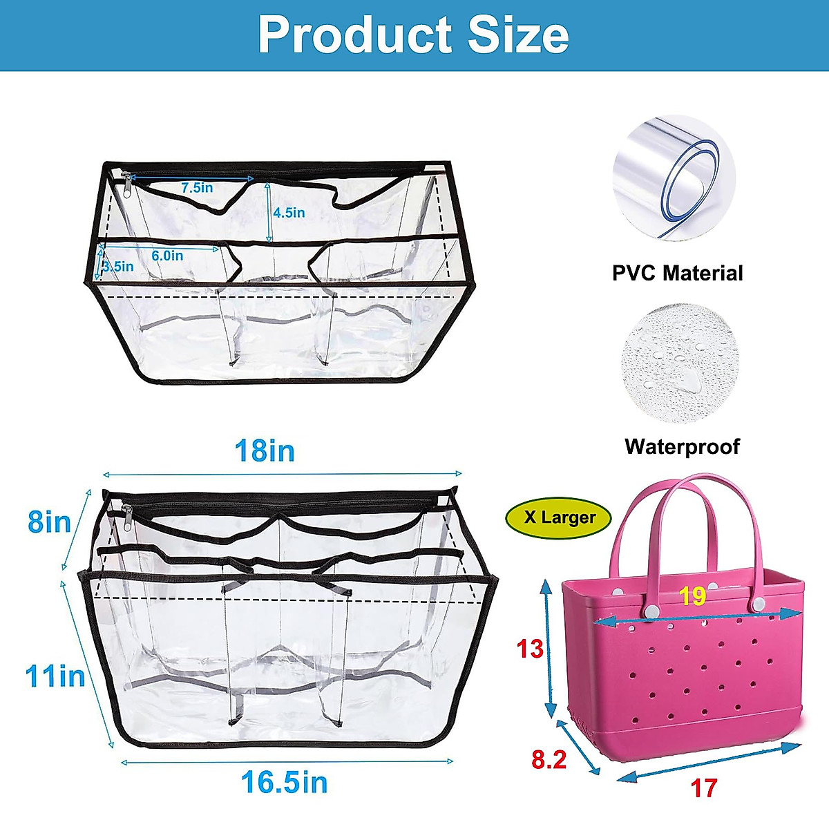 Clear Beach Bag Organizer Compatible with Bogg Bag X Large Size, PVC Insert Divider Liner for XL Bogg Bag Accessories (Clear-Black)