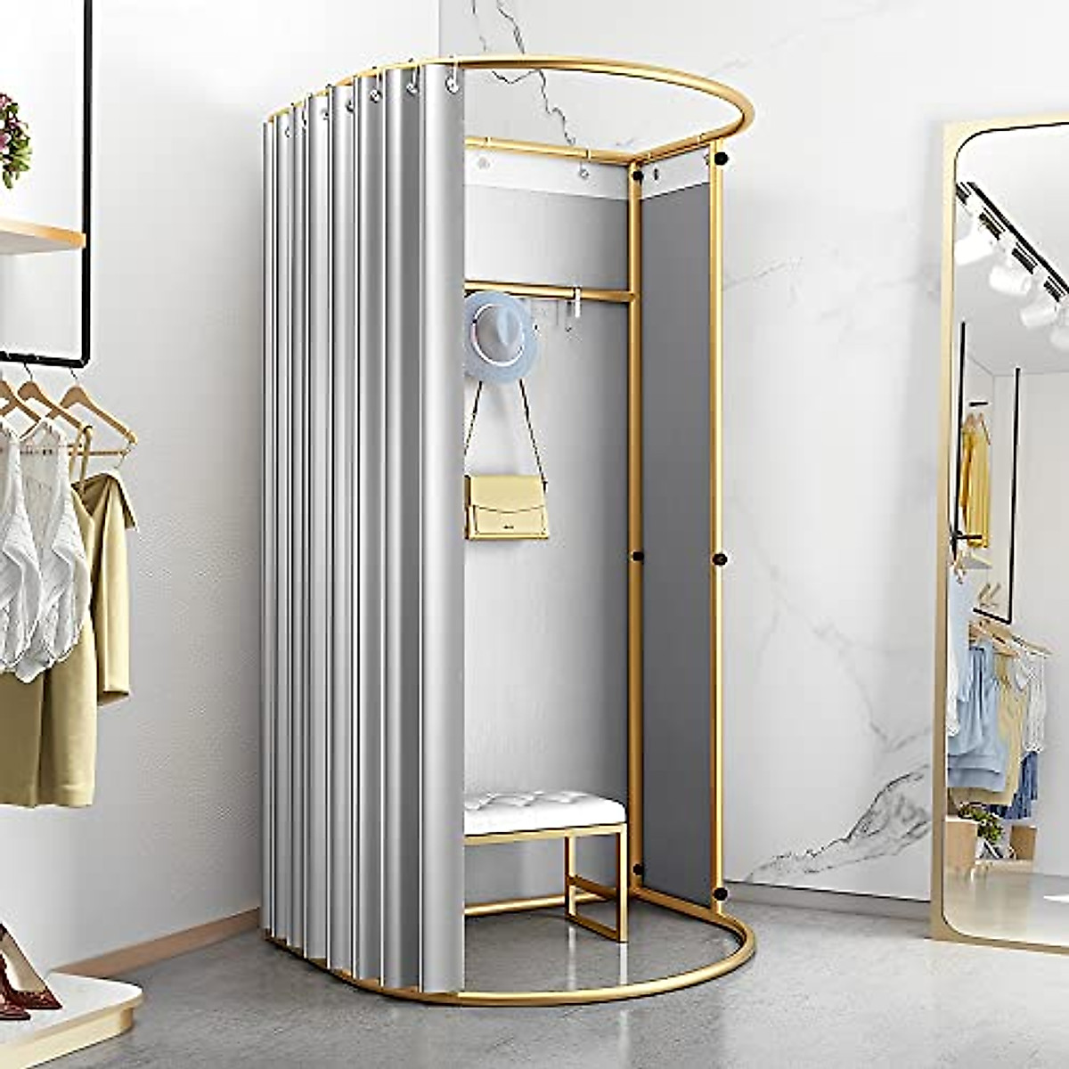 ARKANTOS Portable Changing Room Dressing Room with Shading Curtain Clothing Store Fitting Room Frame with Curtain and Hook, Changing Room for Clothing Store (Silver-Grey)