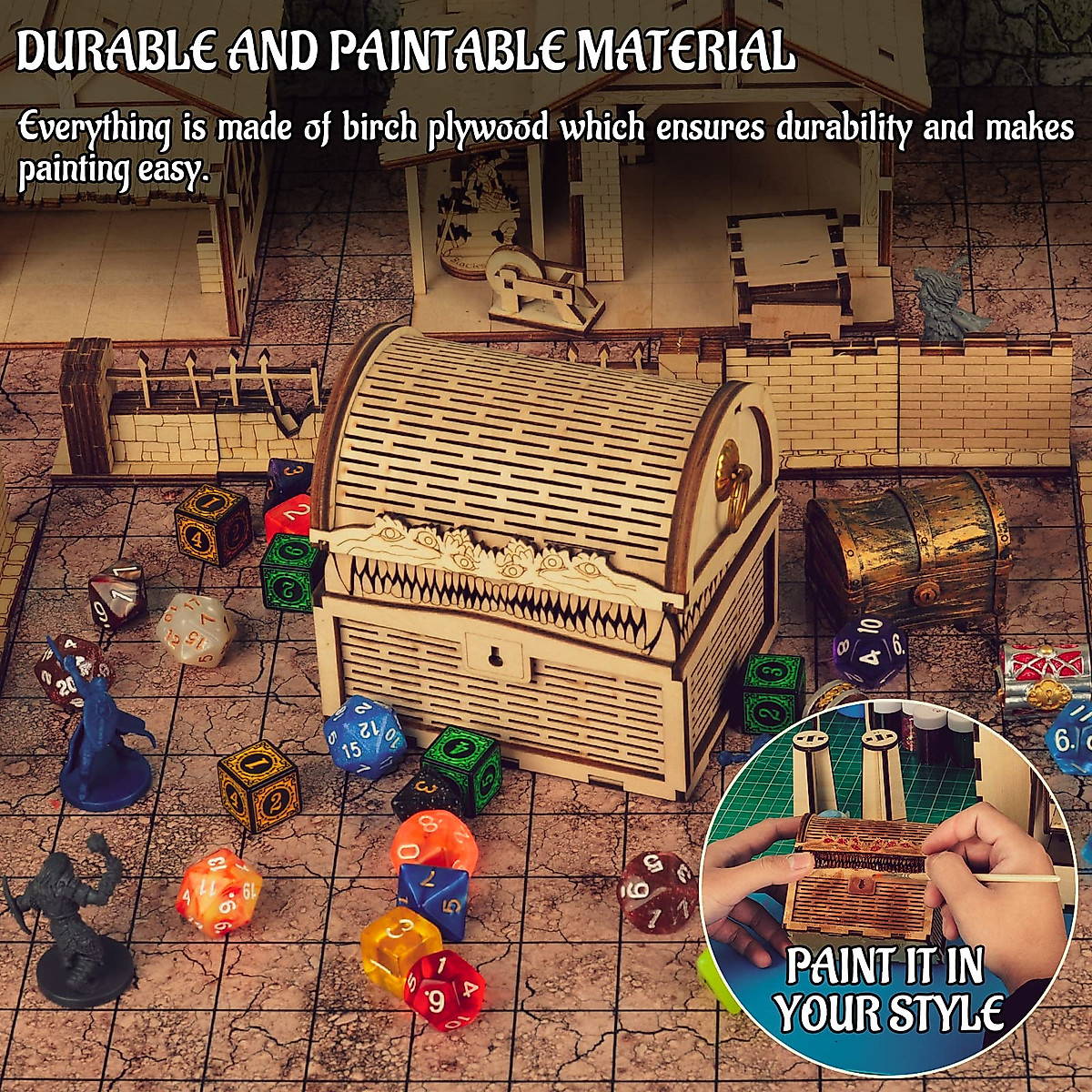 DND Mimic Chest Box Wood Laser Cut Dice Storage Case Perfect for Dungeons and Dragons, Board Game, Tabletop RPG and Gaming Accessories