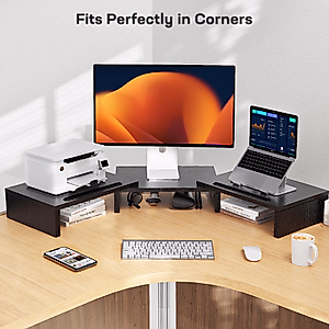 LORYERGO Dual Monitor Stand - [Upgraded] Monitor Stand w/ 2 Slots for Phone & Tablet, Dual Monitor Riser, Length and Angle Adjustable, Computer Stand for Monitor, Laptop, Tablet (Black)