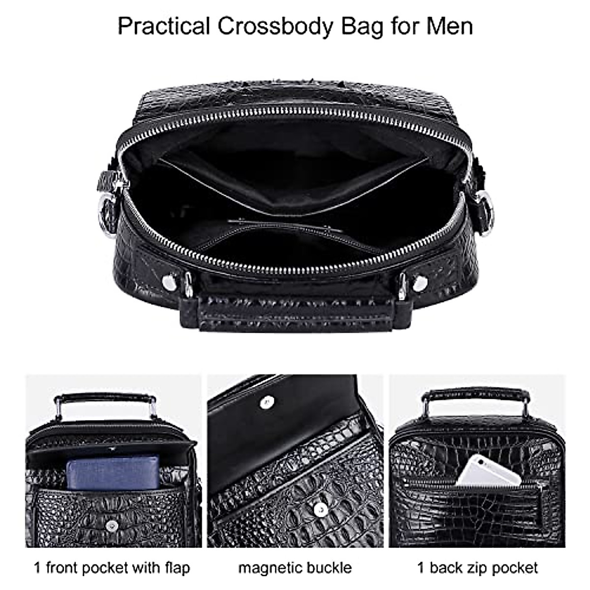 PIJUSHI Crocodile Leather Crossbody Bag for Men Genuine Leather Small Messenger Bag Shoulder Bag(PE002 Black)