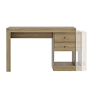 Techni Mobili Expandable Desk with Storage Drawers & Open Shelf - Expands from 47 Inch to 57 Inch - Pine Computer Desk with Printer Space - Modern Home Office Table with Drawers Blanco Collection
