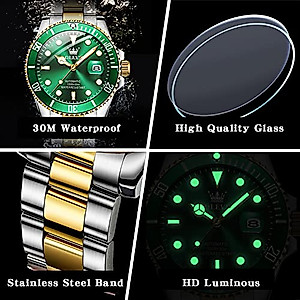 OLEVS Self Winding Watches for Men Green Big Dial Pro Diver Automatic Watch Stainless Steel Waterproof Men Wrist Watch with Silver Gold Tone Watch Men