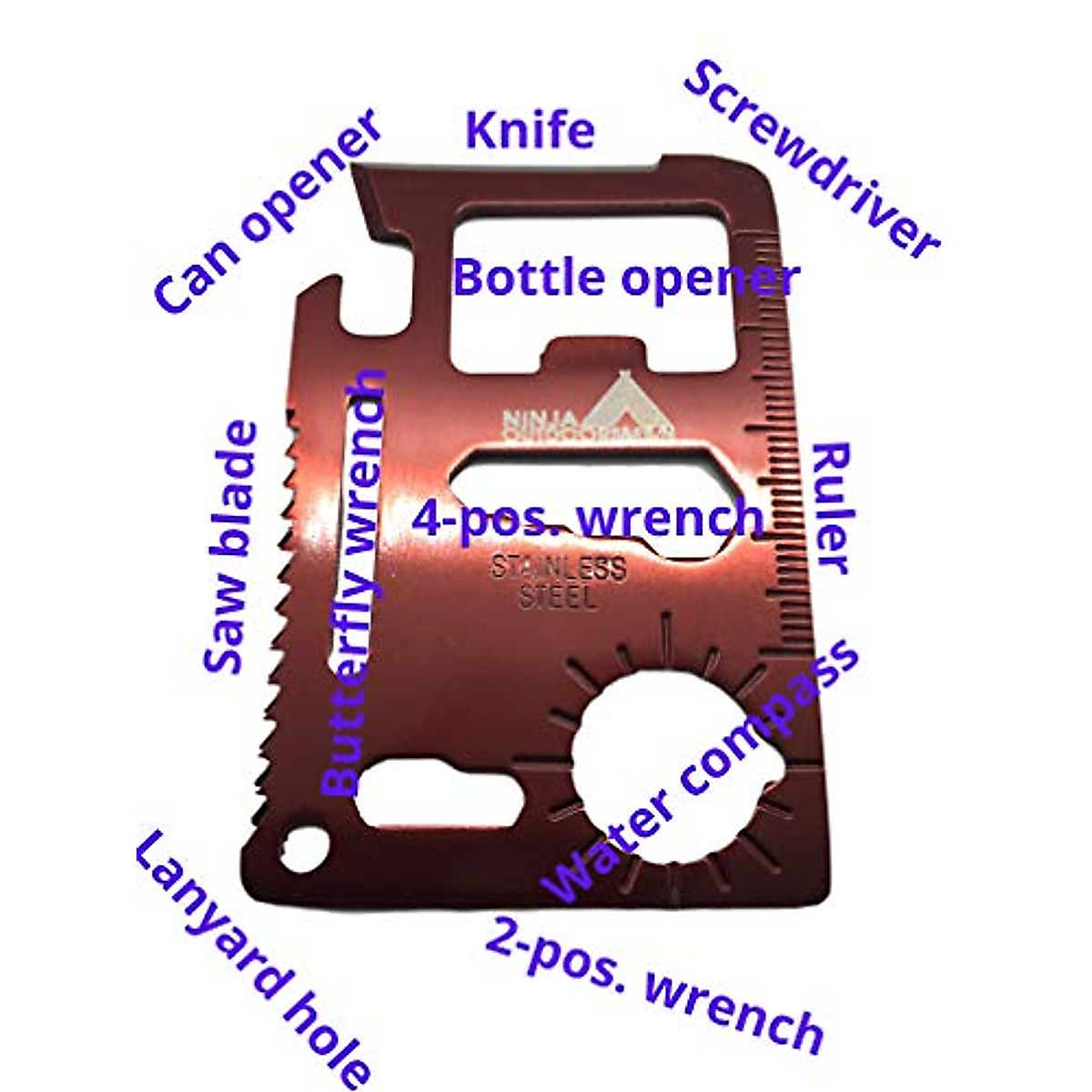 (5 Pack, Red) Ninja Outdoorsman 11 in 1 Stainless Steel Credit Card Pocket Sized Survival Multi Functional Tool - Stocking Stuffers, Christmas Gifts Under 10 Dollars