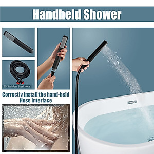 Aolemi Floor Mount Bathtub Faucet Freestanding Tub Filler Standing High Flow Shower Faucets Shower Mixer Taps Swivel Gooseneck Spout with Cylinder Handheld Matte Black